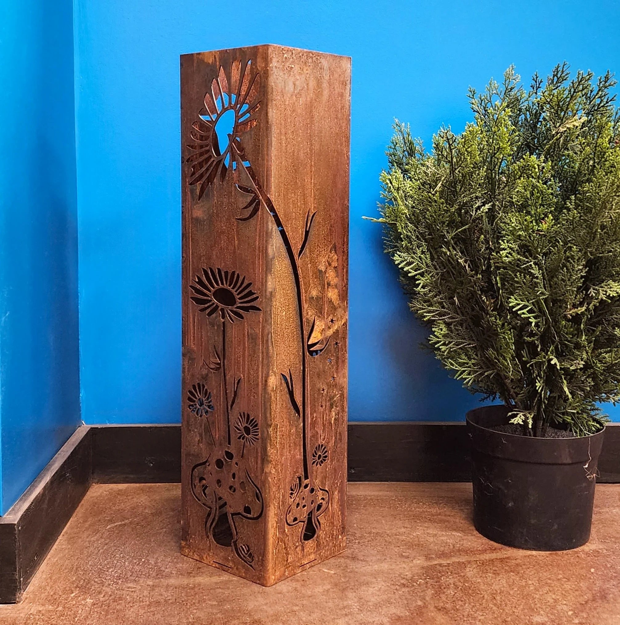 Fairy & Mushroom Garden Column – Rusted Steel Outdoor Yard Art with ...