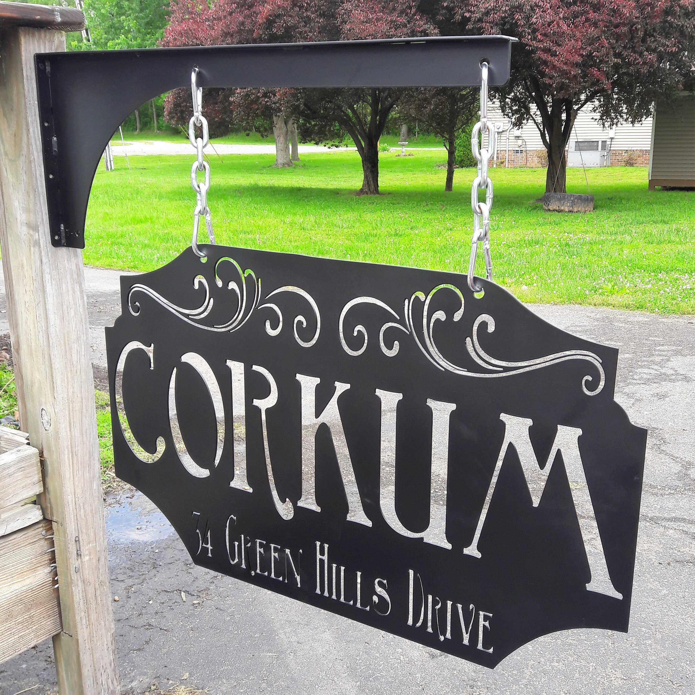 Personalized Hanging Address Sign with Bracket – Custom Metal Business ...